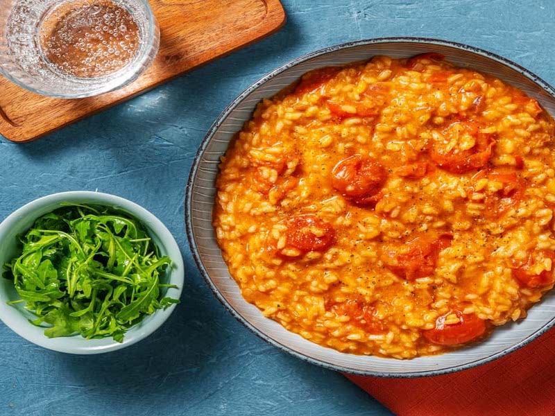 Super Cheesy Oven-Baked Tomato Risotto with Peas and Salad Recipe ...