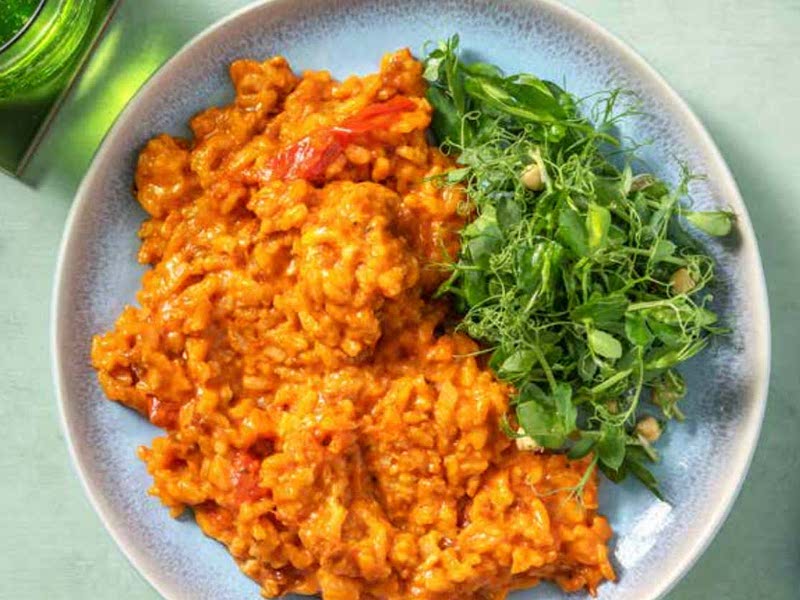 Super Cheesy Oven-Baked Tomato Risotto with Peas and Salad Recipe ...
