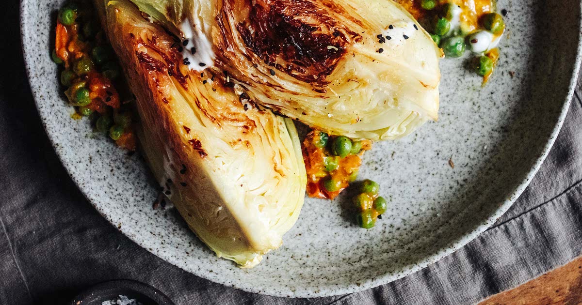 Charred Hispi Cabbage with Tomato, Pea and Coconut Curry Recipe — Samsung Food