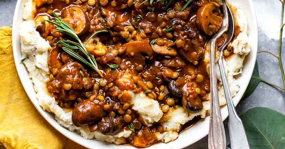 Lentil and Mushroom Stew over Potato-Parsnip Mash Recipe | Samsung Food App