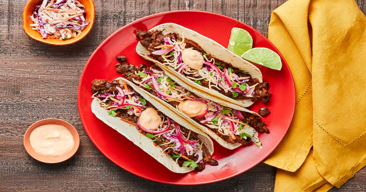 Smashed Black Bean Tacos with Creamy Slaw, Pickled Onion & Red Pepper ...
