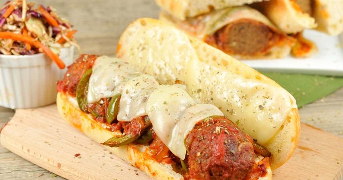 Zesty Gardein Vegetarian Meatball Sub With Melted Provolone, Sautéed ...