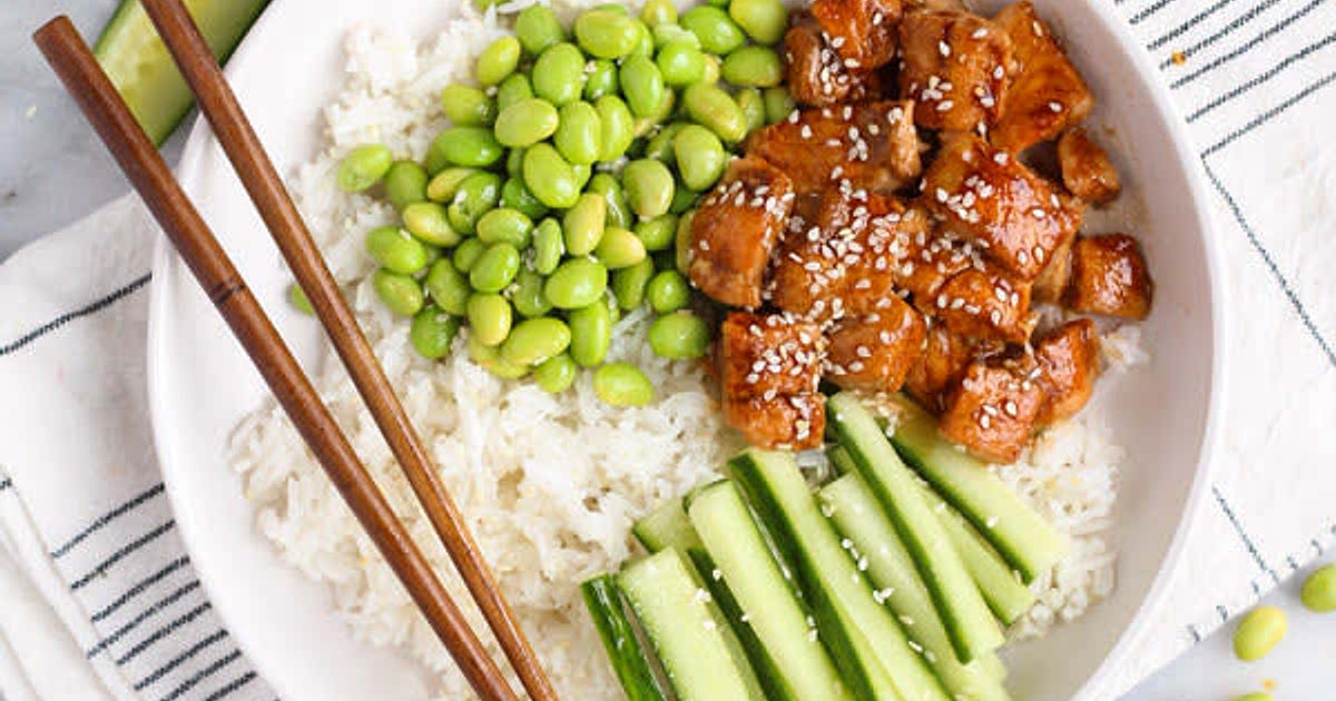 Maple-Teriyaki Salmon Sushi Bowls with Cucumber & Edamame Recipe ...