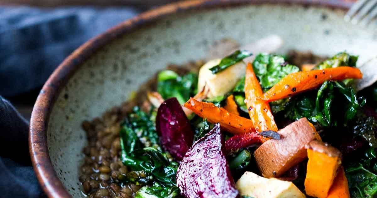 Roasted Root Veggies & Greens over Spiced Lentils Recipe - Samsung Food