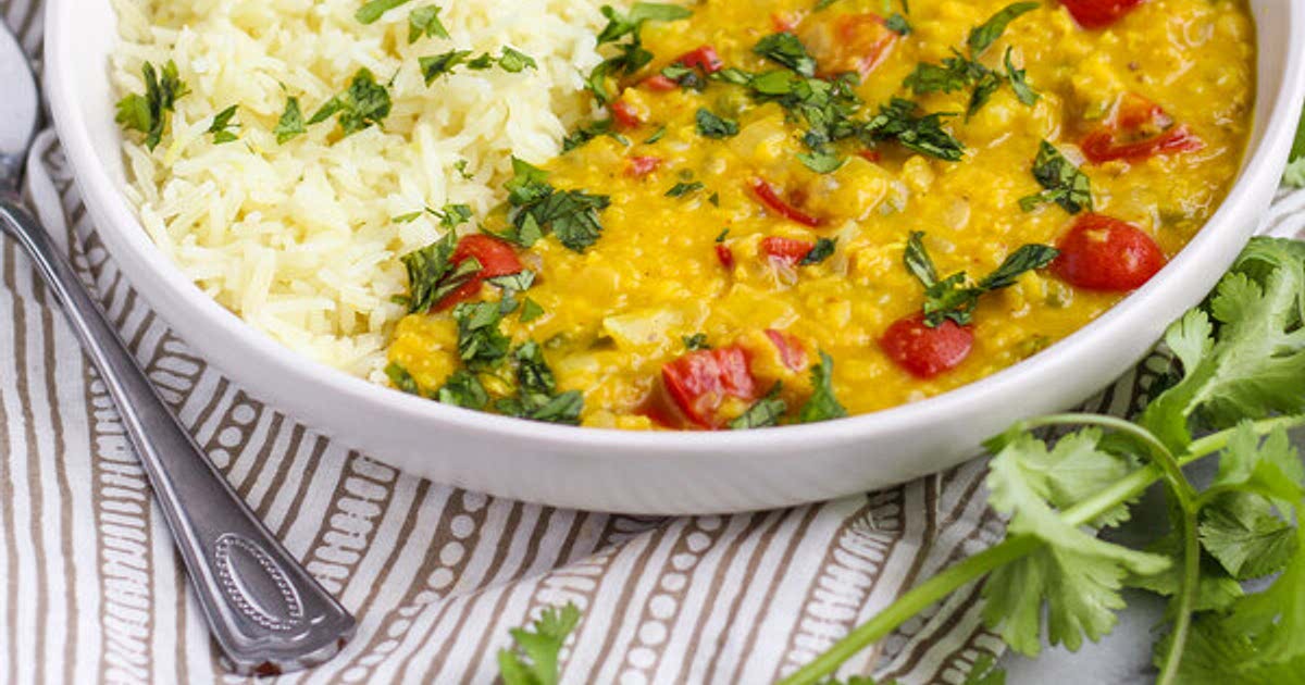 Coconut Curry Red Lentil Dahl with Tomatoes, Cilantro & Rice Recipe ...