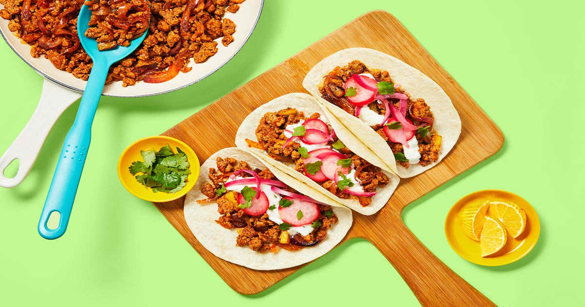 One-Pan Pork & Pineapple Tacos with Pickled Veggies & Lemon Crema ...