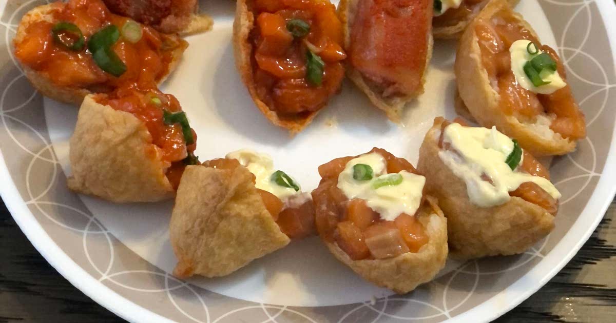 Inari sushi with salmon sashimi & pollock roe toppings Recipe | Samsung ...