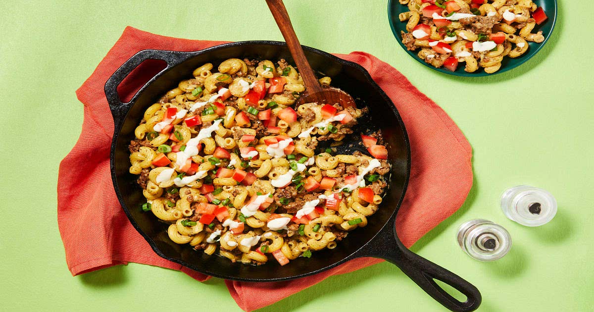 Creamy Ranch Beef Cavatappi Skillet with White Cheddar & Scallions ...
