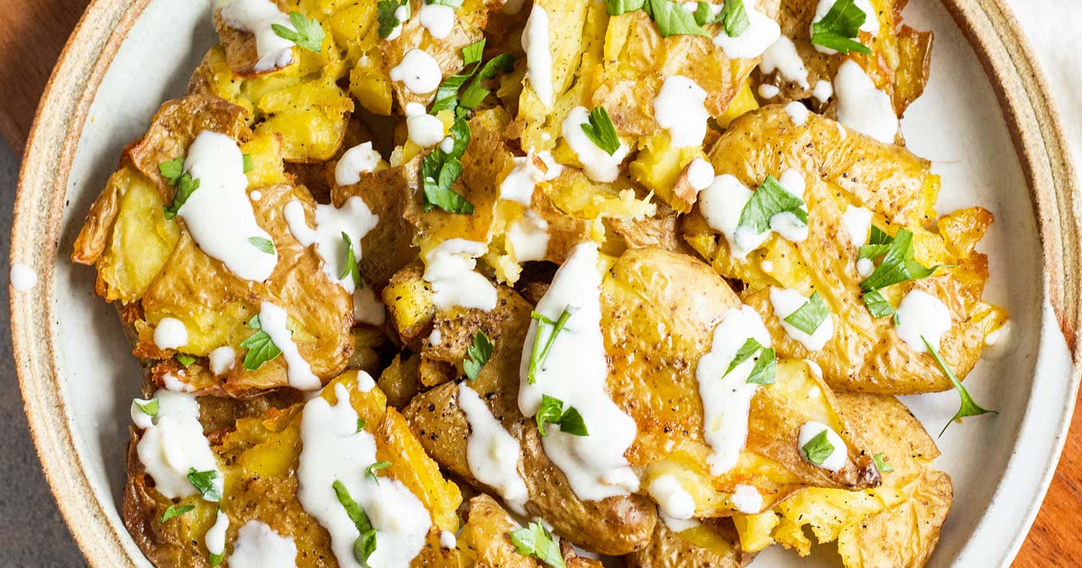 Crispy Baked Salt and Vinegar Smashed Fingerlings with Lemon Yogurt ...