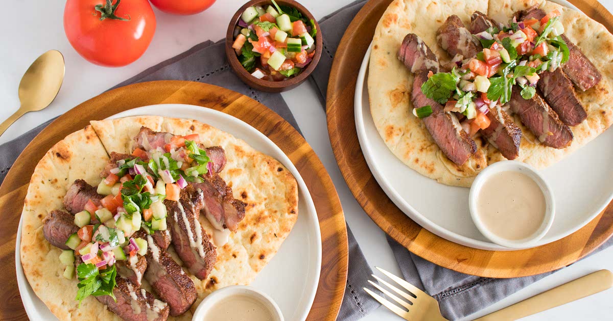 Cumin Steak Shawarma with Israeli Chop Salad and Tahini Recipe ...