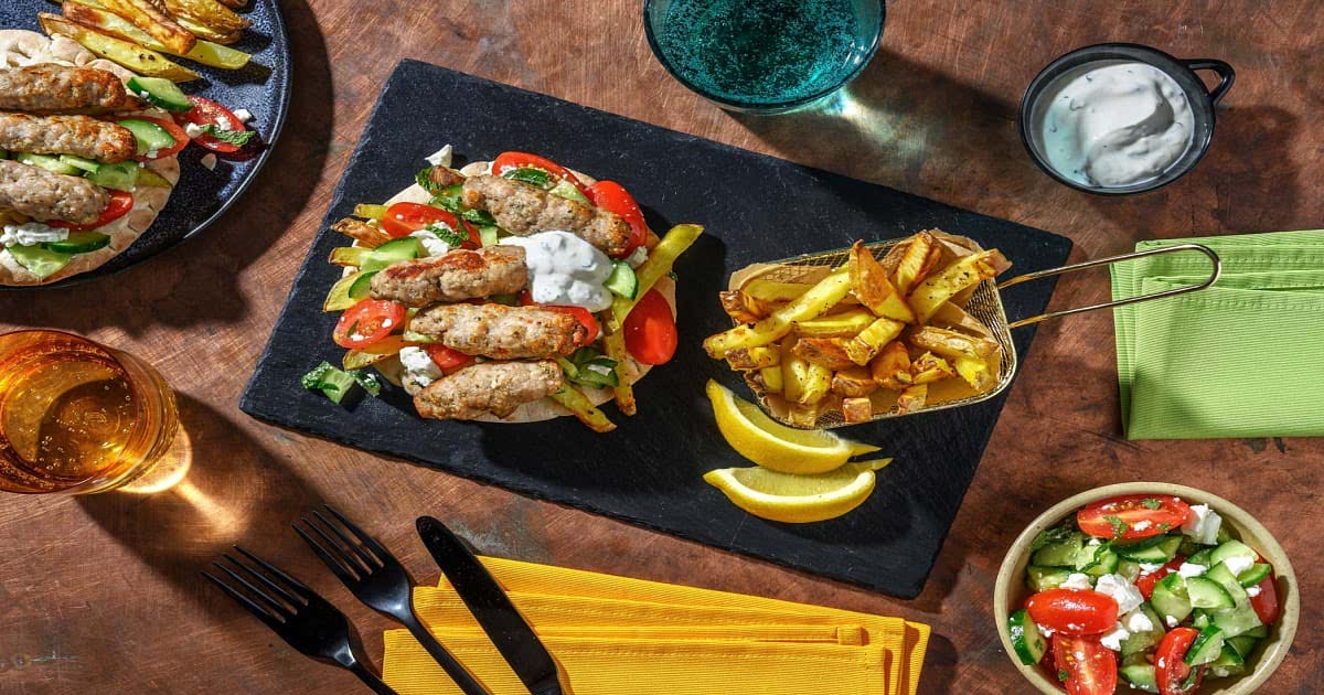 Greek Inspired Oregano Pork Kofta Gyros with Chips, Mint Yoghurt Sauce ...