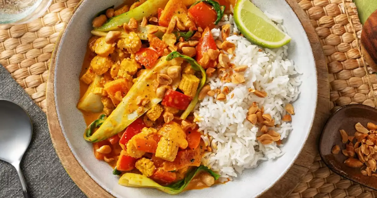 Red Thai Inspired Curry with Tender Veg, Zesty Rice and Peanuts Recipe ...