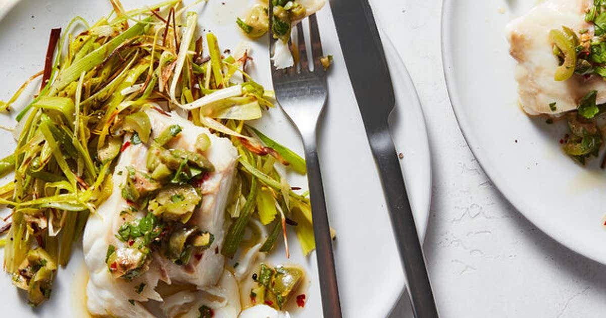 Roasted Fish With Leeks and Olive Salsa Verde Recipe - Samsung Food