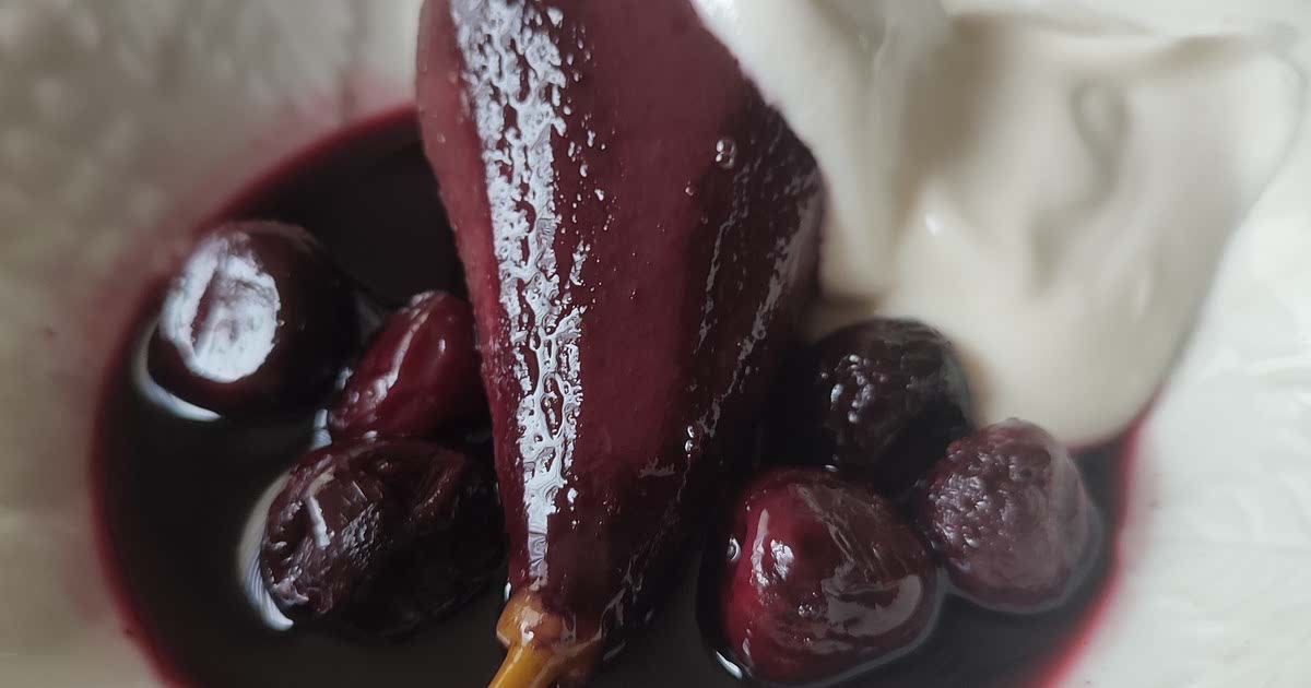 Red Wine Poached Pear with Cherries (Vegetarian) Recipe — Samsung Food