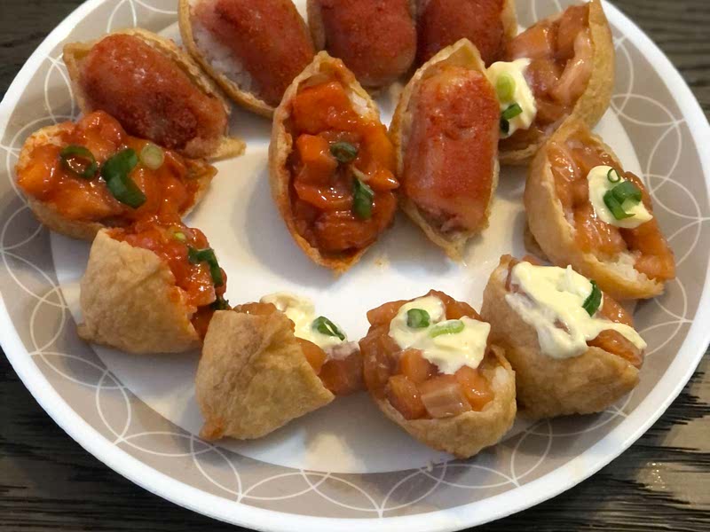 Inari sushi with salmon sashimi & pollock roe toppings Recipe - Samsung ...