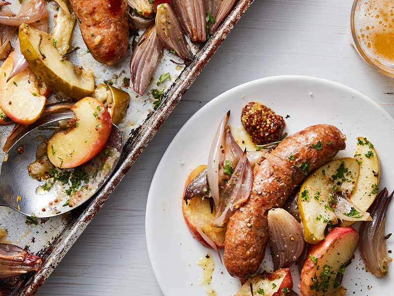 Sheet-Pan Sausages With Caramelized Shallots and Apples Recipe ...